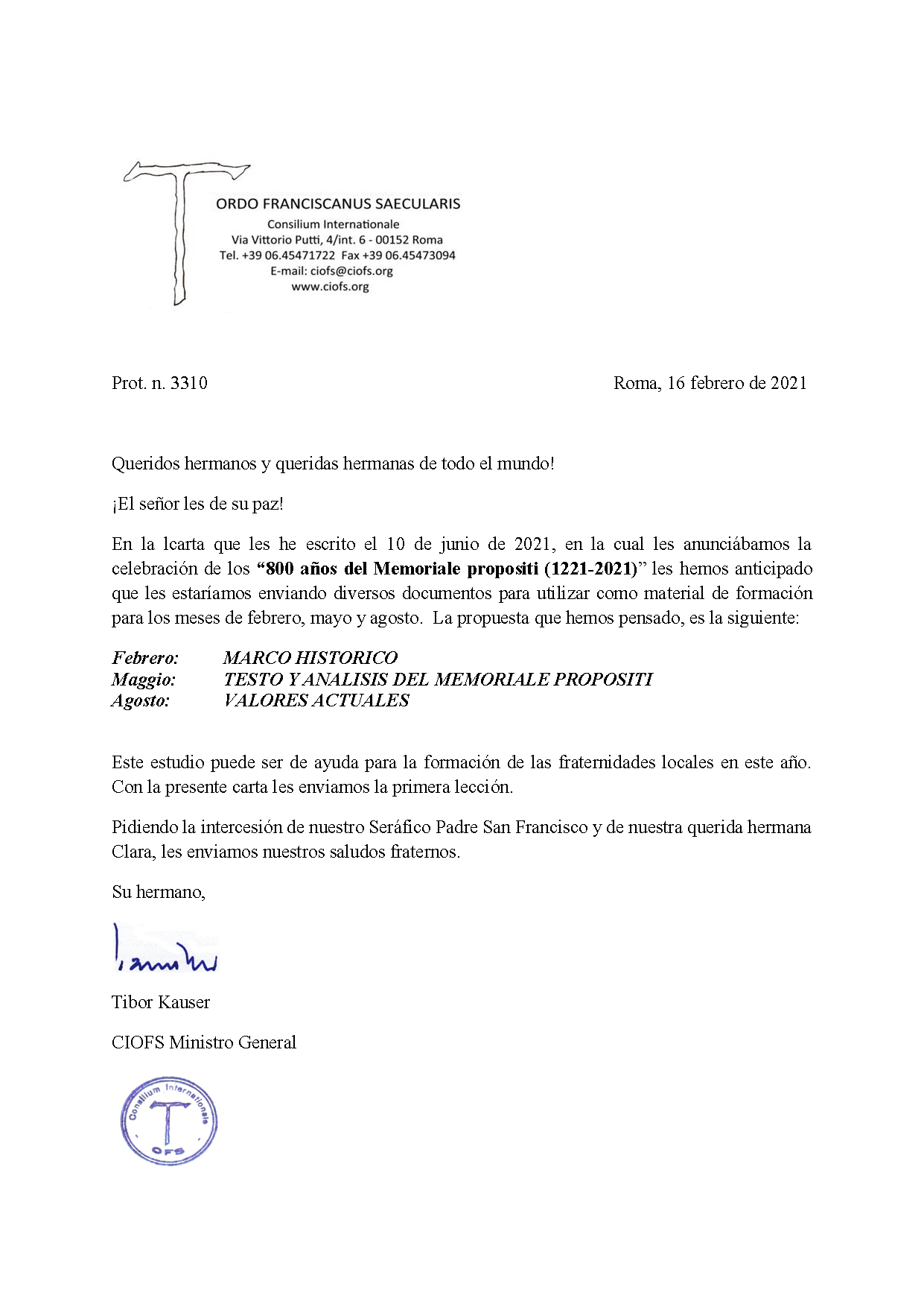 Carta circular: Reflexiones sobre la disponibilidad de Memoriale ...